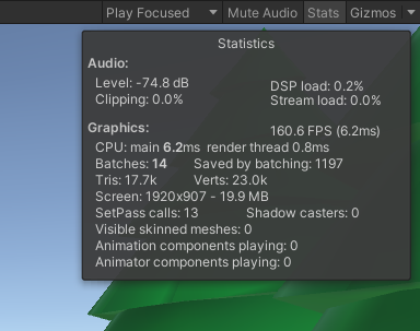 LOD 最適化後の Unity 統計タブ