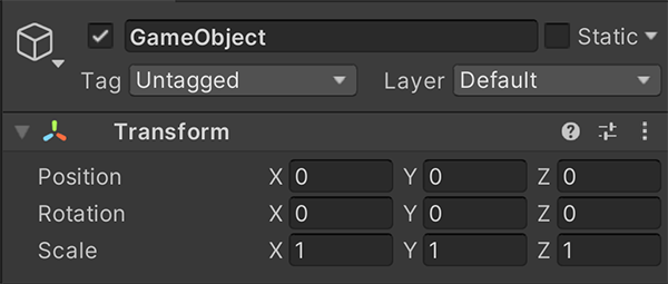 インスペクタービューの Unity Transform コンポーネント。