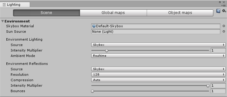 Unity レンダー設定ウィンドウの「環境」タブ。