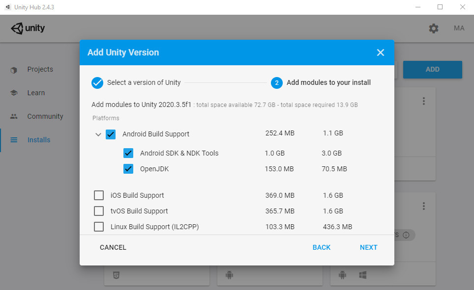 Unity Hub アドオン モジュールの選択
