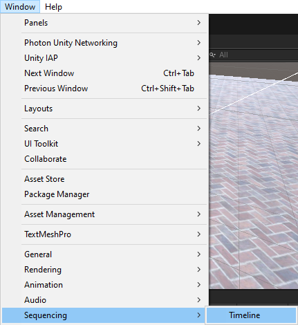 Unity ウィンドウのシーケンス タイムライン メニュー
