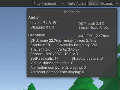 LOD 最適化前の Unity 統計タブ