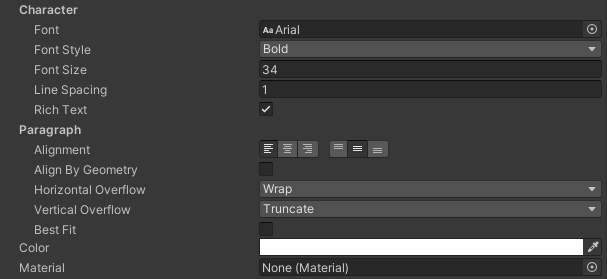Unity テキスト コンポーネント インスペクター Arial 太字フォント サイズ 34